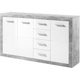 HBZ-MEBLE HBZ Kommode »Stone 2 Weiß Glanz, BxHxT 152x88x37 cm« Kommode mit 3 Türen, 4 Schubkästen, 2 Einlegeböden weiß/beton
