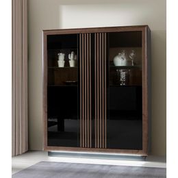 FORTE Highboard »Savona« Höhe 161 cm, inkl. Sockelbeleuchtung Schwarz / Schlammeiche / Schwarz Hochglanz 2 Glastüren
