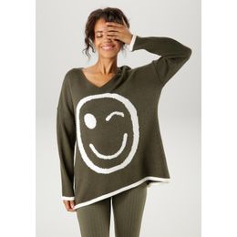 Aniston CASUAL Strickpullover mit eingestricktem Smiley oliv-wollweiß 36/38 36/38 Pullover mit leicht abgerundetem V-Ausschnitt