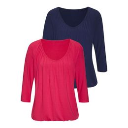 Lascana Damen Lascana 3/4-Arm-Shirt &raquo;mit zarter Raffung am Ausschnitt&laquo; 2er-Pack, aus weichem Viskose-Stretch pink 36/38
