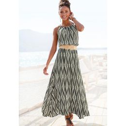 Lascana Maxikleid aus gewebter Viskose im Alloverprint, luftiges Sommerkleid schwarz-sand bedruckt 34 - N-Gr N-Gr 34 Amerikanischer Ausschnitt