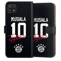 DeinDesign Galaxy A22 5G Handy Klapph&uuml;lle Handyh&uuml;lle aus Kunst Leder schwarz Flip Case Fcb Jamal Musiala Fc Bayern M&uuml;nchen Sideflip mit langer Lasche