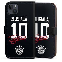 DeinDesign iPhone 14 Plus Handy Klapph&uuml;lle Handyh&uuml;lle aus Kunst Leder schwarz Flip Case Jamal Musiala Fcb Fc Bayern M&uuml;nchen Sideflip mit langer Lasche
