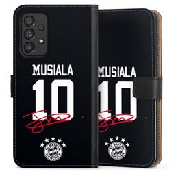 DeinDesign Galaxy A33 5G Handy Klapph&uuml;lle Handyh&uuml;lle aus Kunst Leder schwarz Flip Case Fcb Jamal Musiala Fc Bayern M&uuml;nchen Sideflip mit langer Lasche