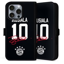 DeinDesign iPhone 16 Pro Max Handy Klapph&uuml;lle Handyh&uuml;lle aus Kunst Leder schwarz Flip Case Jamal Musiala Fcb Fc Bayern M&uuml;nchen Sideflip mit Lasche