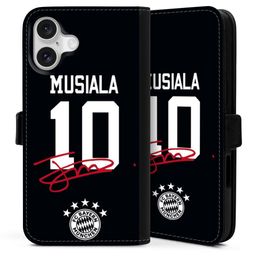 DeinDesign iPhone 16 Plus Handy Klapph&uuml;lle Handyh&uuml;lle aus Kunst Leder schwarz Flip Case Jamal Musiala Fcb Fc Bayern M&uuml;nchen Sideflip mit Lasche