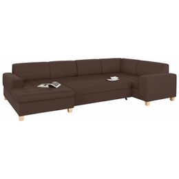 Wohnlandschaft Home Affaire "Corby, viel Platz und Komfort, U-Form", braun (dunkelbraun), B:333cm H:80cm T:199cm, Struktur fein (100% Polyester);Chenille (100% Polyester);NaturLEDER (echtes Rindsleder) auf Sitzfläche, Kunstleder im Korpus;Melrose (100% Polyester), Sofas, wahlweise mit Bettfunktion, Steppung auf Sitzfläche