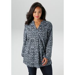 Schlupfbluse ANISTON PLUS, Damen, Gr. 44, blau, schwarz, Web, Obermaterial: 100% Viskose, animal-print, bedruckt, lässig geschnitten Po-bedeckend, V-Ausschnitt, 1-Knopf-Manschette, Blusen Schlupfbluse, aus weich fallender Viskose - NEUE KOLLEKTION, Topseller