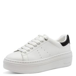 Plateausneaker Tamaris, Damen, Gr. 38, weiß, schwarz, Leder, Lederimitat, unifarben mit Farbeinsatz, Schuhe, Schnürschuh, Halbschuh mit auffälligen Schmucksteinen an der Ferse