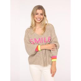 Zwillingsherz Strickpullover &raquo;"Smile"&laquo; Langarm, One Size, V-Ausschnitt, Neon-Details, Schriftzug Beige 0 Damenpullover von Zwillingsherz