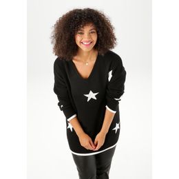 ANISTON PLUS Strickpullover Vokuhila - hinten etwas länger geschnitten - NEUE KOLLEKTION schwarz-weiß 54 54 Damenpullover mit V-Ausschnitt