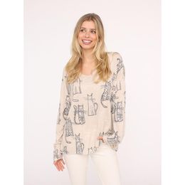 Zwillingsherz Langarmshirt &raquo;"Katze"&laquo; One Size, V-Neck, Langarm, Katzen-Motiv Hellbeige 0 Damen-Longsleeve von Zwillingsherz