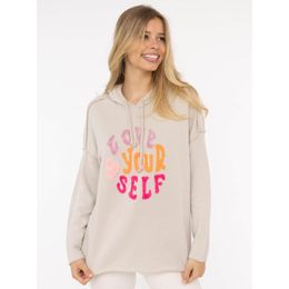 Zwillingsherz Damen Hoodie &raquo;"Love Yourself"&laquo;, Kapuze, Flockprint, Langarm, Kordelzug beige L/XL