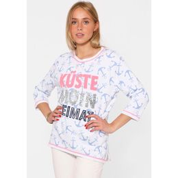 Zwillingsherz Damen Longsleeve &raquo;"K&uuml;ste Moin Heimat"&laquo; Zebra-Muster, 3/4-Arm, Pailletten, Schriftz&uuml;ge, Kontrastnaht blau S/M