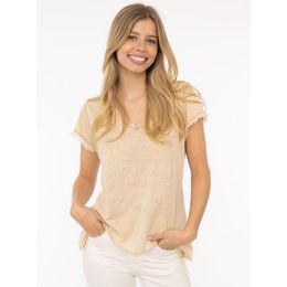Zwillingsherz Damen T-Shirt &raquo;"Positive Mind"&laquo; V-Ausschnitt, Kurzarm, Used-Look, Baumwolle, ausgefranste Kanten beige SM (S/M)