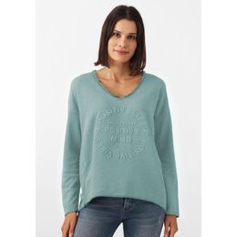 Zwillingsherz Damen Sweatshirt &raquo;"Positive Mind"&laquo;, ausgefranster V-Ausschnitt, Used Look, Langarm, Schriftzug gr&uuml;n L/XL (L/XL)