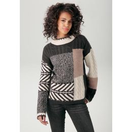 Aniston CASUAL Strickpullover im farbharmonischem Patch-Dessin - NEUE KOLLEKTION anthrazit-natur-hellbraun 34 34 Pullover im trendigen Mustermix