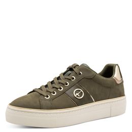 Plateausneaker Tamaris, Damen, Gr. 39, grün (oliv), Lederimitat, Nubukleder, unifarben mit Farbeinsatz, Schuhe, Freizeitschuh, Halbschuh, Schnürschuh mit glänzendem Kontrastbesatz