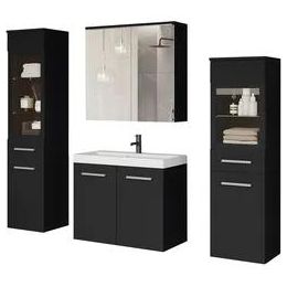 Badmöbel-Set Welltime "MADRIT II, Schrank mit Waschbecken, 2 Hänger, Spiegelschrank", schwarz (graphite schwarz matt), B:120,4cm H:131,5cm T:34,5cm, Holzwerkstoff, Kastenmöbel-Sets, Hängende Badmöbel mit Glaseinsätzen – in vielen Farben erhältlich