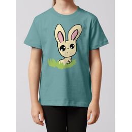 wat? Apparel T-Shirt Osterhase im Gras in Teal Monstera | Gr.: 134-146
