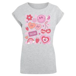 F4NT4STIC Extended Shoulder T-Shirt Retro Valentinstag Herz Rainbow Fruits in grau meliert | Gr.: 4XL