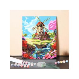 ARTNANAS DIY Malen nach Zahlen Set-"Windm&uuml;hle am Flussufer" | Gr.: 40x50 mit Rahmen