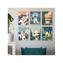 ARTNANAS Mini Malen nach Zahlen 4er/6er Set-"Exotische Architektur" | Gr.: 15x15-cm Set ohne Rahmen