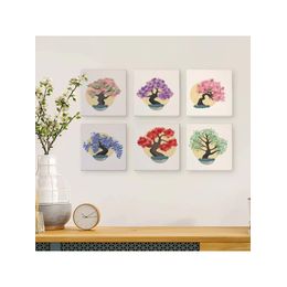 ARTNANAS Mini Malen nach Zahlen 4er/6er Set-"Bonsai-4a&auml;ume bunt" | Gr.: 15x15-cm Set mit gespanntem Keil