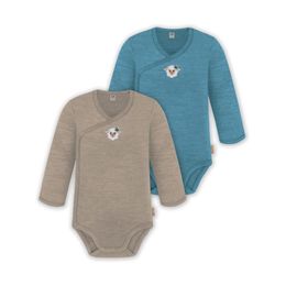 Normani Outdoor Sports 2er Set Unisex Baby Wickelbody Langarm-Strampler in Beige/Blau | Gr.: 86