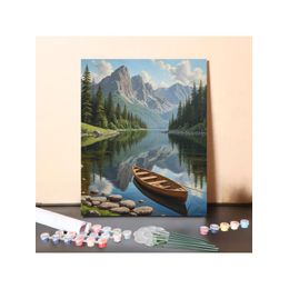 ARTNANAS DIY Malen nach Zahlen Set-"Das Boot am Bergsee" | Gr.: 40x50cm mit Keilrahmen nicht ges