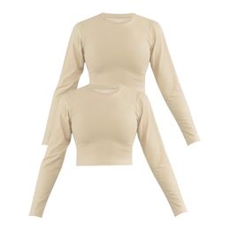 Janice 2 x Damen crop Langarmshirt hochgeschlossen Noia in Beige | Gr.: M/L