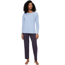 Triumph Schlafanzug Blumenstickerei, Brusttasche, Rundhalsausschnitt, Langarm combina blue 42 42 Damenpyjama von Triumph