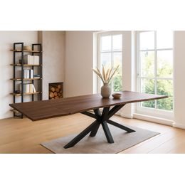 Esstisch 120(200)x90cm mit Ansteckplatten, Baumkante massiv Akazie nougat Spider-Gestell schwarz JANNIK
