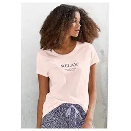 Pyjamaoberteil Vivance DREAMS, Damen, Gr. 44/46, rosa (hellrosa), Single Jersey, Obermaterial: 100% Baumwolle, unifarben, Basic hüftlang, Rundhals, abgesteppte Kante, Shirts, mit Statementdruck