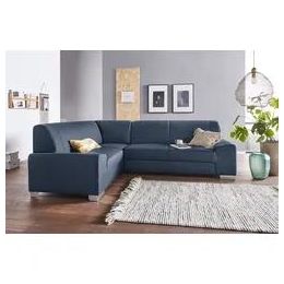 Ecksofa DOMO collection "Anzio in kubischer Formensprache, flache Armlehnen, L-Form", blau (dunkelblau), B:259cm H:85cm T:191cm, Sofas, Wahlweise mit Bettfunktion und Federkern für hohen Sitzkomfort