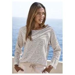 Sweatshirt Lascana, Damen, Gr. 36/38, beige (nougat, beige), Sweatware, Obermaterial: 60% Baumwolle, 40% Polyester, bedruckt, gemustert, Casual, bequem kurz, Rundhals, Sweatshirts, Langarmshirt in locker sitzendem Schnitt, Loungewear