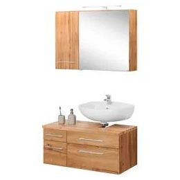 Badmöbel-Set Welltime "Davos", braun (eichefarben), Siphonausschnitt rechts, Holzwerkstoff, MDF, Melamin, Kastenmöbel-Sets, mit LED-Beleuchtung, Hängeschrank und Waschbeckenunterschrank