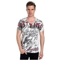 T-Shirt Rusty Neal, Herren, Gr. L, grau, 100% Baumwolle, bedruckt, casual, normal, V-Ausschnitt, Kurzarm, Shirts, mit aufwendigem Strass-Design