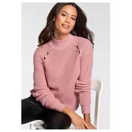 Stehkragenpullover Melrose, Damen, Gr. 36, rosa (rosa, melange), Grobstrick, Obermaterial: 50% Baumwolle, 50% Polyacryl, unifarben, figurumspielend hüftlang, Rundhals, Pullover, mit Cut-Outs und Knopfdetails