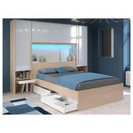 Bett mit Stauraum + Lattenrost + Matratze - 140 x 190 cm - Mit LED-Beleuchtung - Holzfarben & glänzend weiß - VELONA