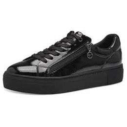 Plateausneaker Tamaris, Damen, Gr. 39, schwarz, Lacklederimitat, glänzend, unifarben, Schuhe, Freizeitschuh, Halbschuh, Schnürschuh mit T-Logoanhänger, vegan