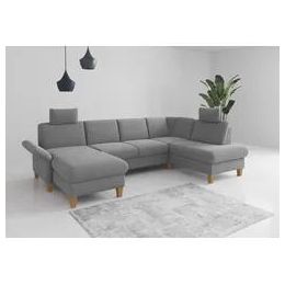 Wohnlandschaft Home Affaire "Rochelle, U-Form", grau, B:314cm H:90cm T:195cm, 100% Polyester, Sofas, optional mit Armteilverstellung, mit Bettfunktion & Bettkasten