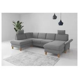 Wohnlandschaft Home Affaire "Rochelle, U-Form", grau, B:314cm H:90cm T:195cm, 100% Polyester, Sofas, optional mit Armteilverstellung, mit Bettfunktion & Bettkasten
