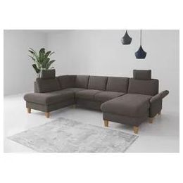 Wohnlandschaft Home Affaire "Rochelle, U-Form", grau (fango), B:314cm H:90cm T:195cm, 100% Polyester, Sofas, optional mit Armteilverstellung, mit Bettfunktion & Bettkasten