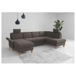 Wohnlandschaft Home Affaire "Rochelle, U-Form", grau (fango), B:314cm H:90cm T:195cm, 100% Polyester, Sofas, optional mit Armteilverstellung, mit Bettfunktion & Bettkasten