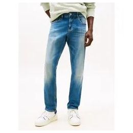 Gerade Jeans Tommy Jeans "Scanton Slim", Herren, Gr. 38, Länge 34, blau (denim mid blau grau), Denim/Jeans, Obermaterial: 92% Baumwolle, 6% Polyester, 2% Elasthan, slim fit lang, Jeans, Mit Markenlabel aus Leder hinten