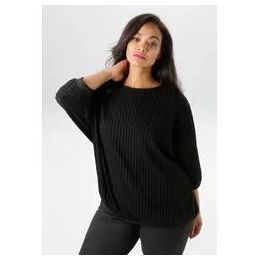 Rundhalsshirt ANISTON PLUS, Damen, Gr. 52, schwarz, Jersey, Obermaterial: 93% Polyester, 7% Elasthan, unifarben, figurumspielend Po-bedeckend, Rundhals, Bündchen, Shirts, mit interessanter Biesenstruktur - NEUE KOLLEKTION