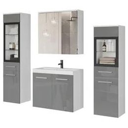 Badmöbel-Set Welltime "MADRIT II, Schrank mit Waschbecken, 2 Hänger, Spiegelschrank", weiß (weiß, grau hochglanz), B:120,4cm H:131,5cm T:34,5cm, Holzwerkstoff, Kastenmöbel-Sets, Hängende Badmöbel mit Glaseinsätzen – in vielen Farben erhältlich