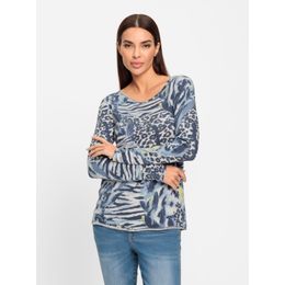 Heine Witt Damen Langarmshirt mit Animal-Dessin, bleu-gelb, Gr&ouml;&szlig;e 36