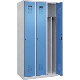 Schwarz-Weiß-Spind Evolo PLUS, schmal, 3 Abteile, Trennwand verkürzt, lichtgrau / lichtblau, B 900 mm, mit Bodengleitern, Zylinderschloss kaiserkraft